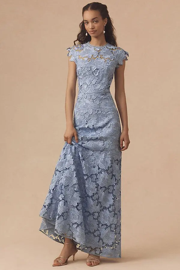 Shoshanna Raven Floral Lace A-Line Maxi Dress Blue 30% Off