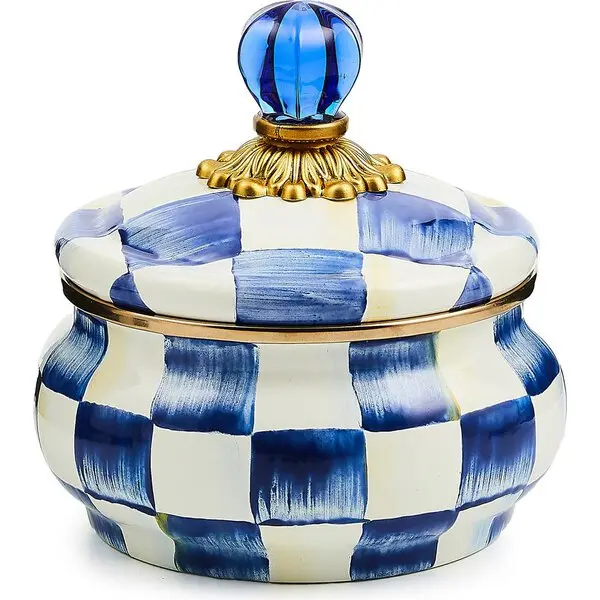 MACKENZIE-CHILDS Royal Check Enameled Steel Squashed Pot - Blue/ White