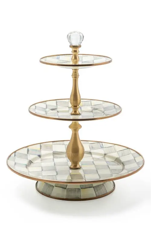 MACKENZIE-CHILDS Sterling Check Three Tier Sweet Stand - Grey/ White