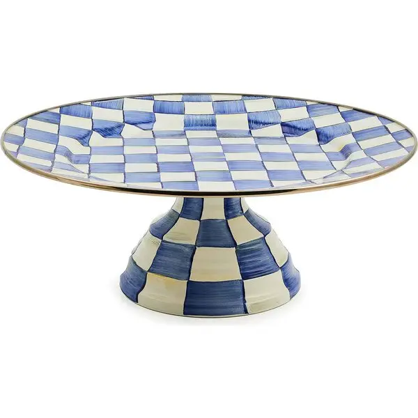 MACKENZIE-CHILDS Royal Check Pedestal Platter - Blue/white