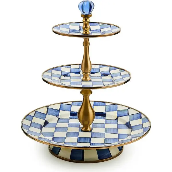 MACKENZIE-CHILDS Royal Check Three Tier Sweet Stand - Blue/ White