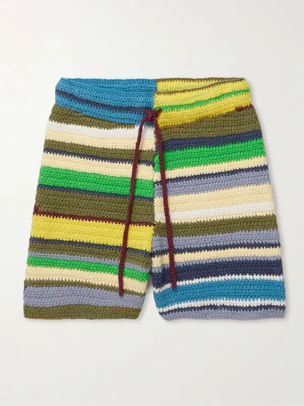 THE ELDER STATESMAN Striped Crocheted Organic Cotton Drawstring Shorts - Yellow