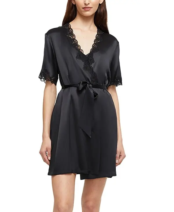 Ginia Silk Short Wrap Gown With Lace Trim Robe - Black