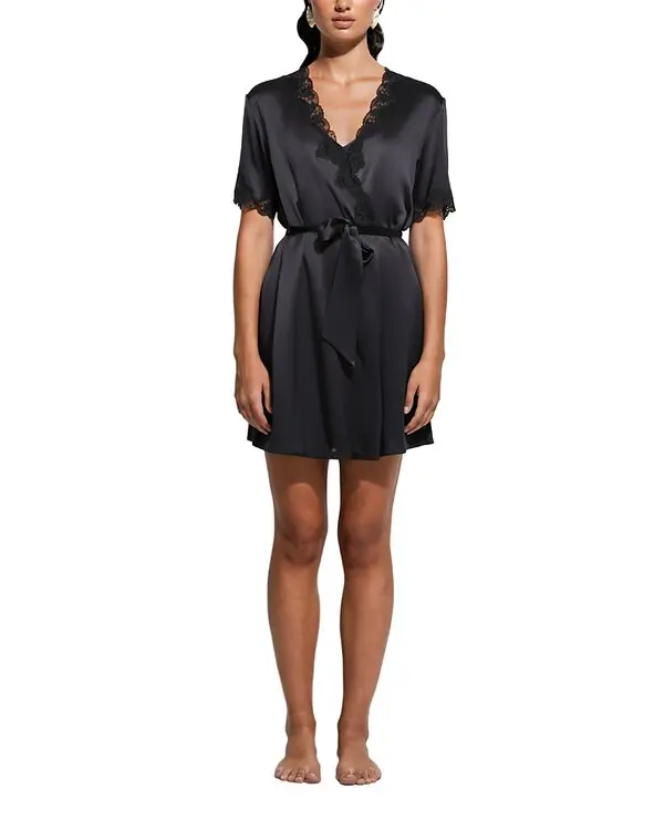 Ginia Silk Short Wrap Gown With Lace Trim Robe - Black