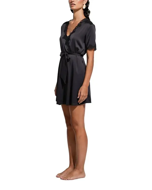 Ginia Silk Short Wrap Gown With Lace Trim Robe - Black