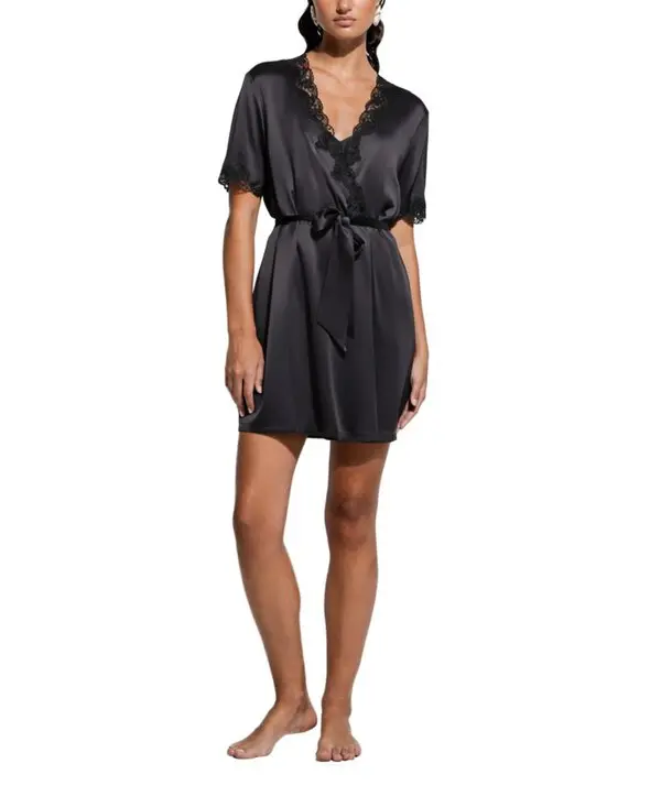 Ginia Silk Short Wrap Gown With Lace Trim Robe - Black