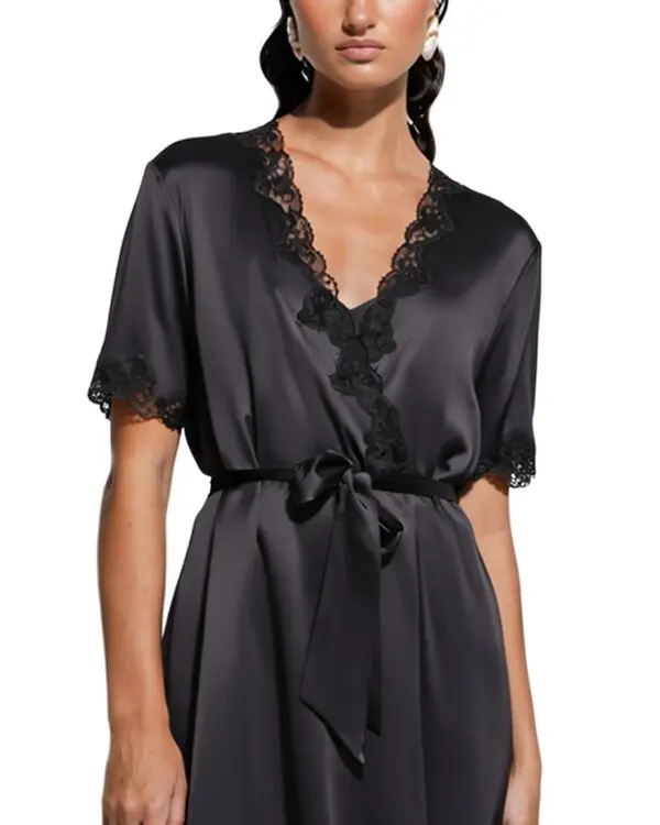Ginia Silk Short Wrap Gown With Lace Trim Robe - Black