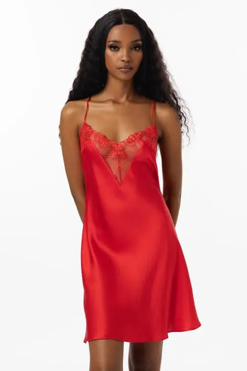 red slip night dress WS Rose Red/Pink Side Slit Strap Night Dress