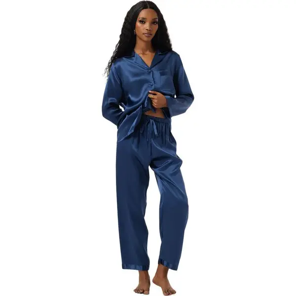 SILKSILKY Silk Button Up Collared Pajama Set - Dark Blue