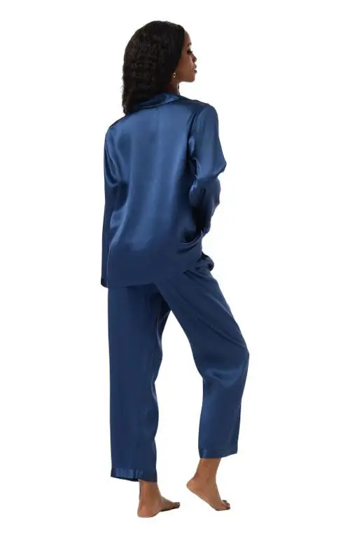 SILKSILKY Silk Button Up Collared Pajama Set - Dark Blue