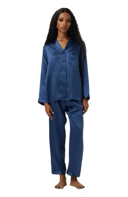 SILKSILKY Silk Button Up Collared Pajama Set - Dark Blue