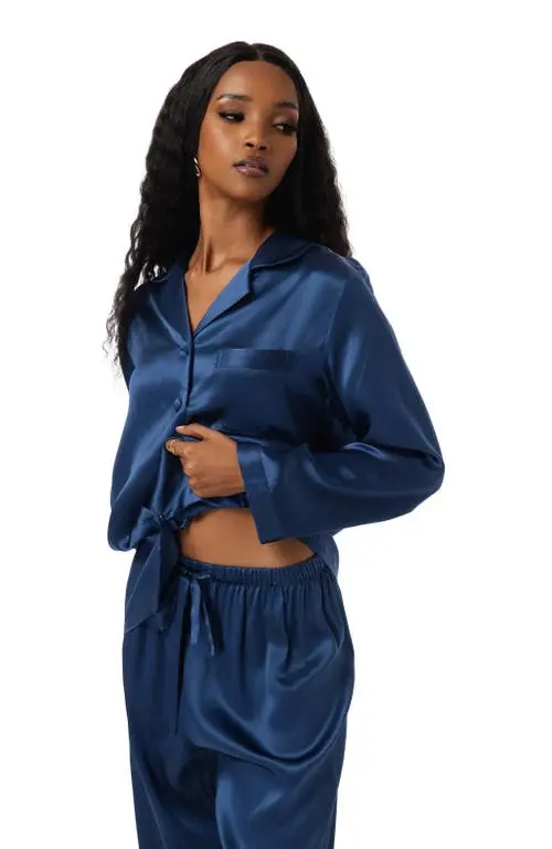 SILKSILKY Silk Button Up Collared Pajama Set - Dark Blue