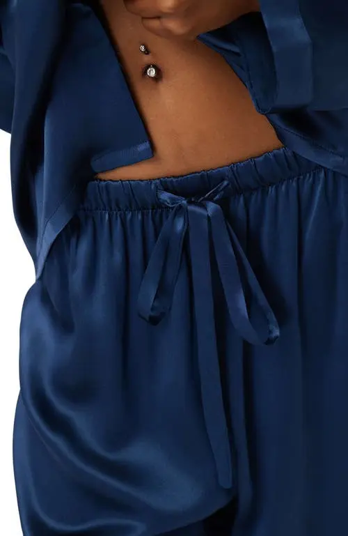 SILKSILKY Silk Button Up Collared Pajama Set - Dark Blue