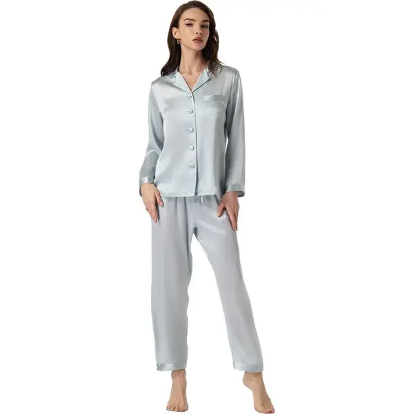 SILKSILKY Silk Button Up Collared Pajama Set - Light Blue