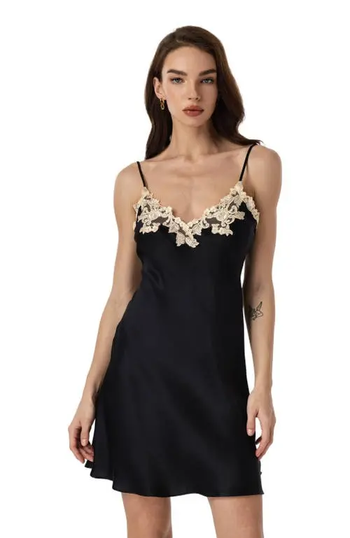 SILKSILKY Mulberry Silk V-back Lace Nightgown Slip Dress - Black