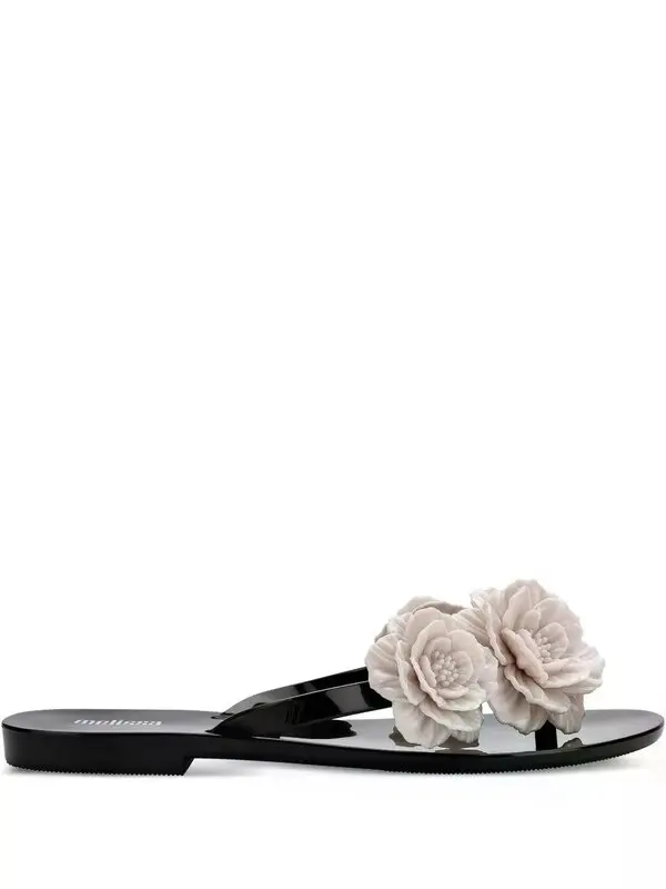 Melissa Harmonic Springtime Floral-embellished Flip Flops - Black