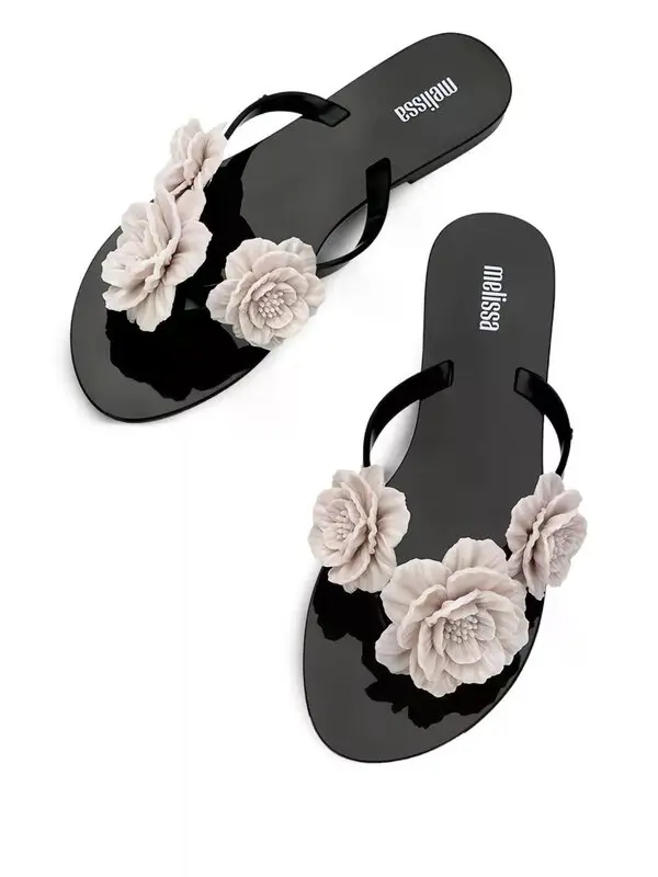 Melissa Harmonic Springtime Floral-embellished Flip Flops - Black