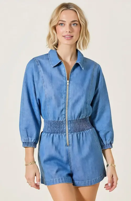 MODENAIRE Zip Front Romper With Smocked Waist And 3/4 Sleeves - Blue