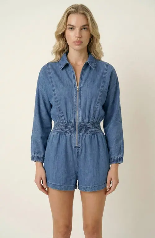 MODENAIRE Zip Front Romper With Smocked Waist And 3/4 Sleeves - Blue
