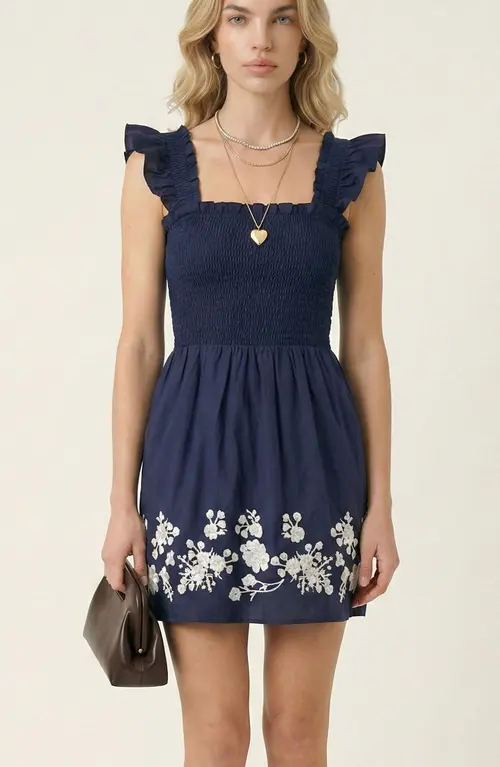 MODENAIRE Smocked Floral Embroidered Mini Dress - Blue