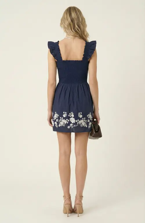 MODENAIRE Smocked Floral Embroidered Mini Dress