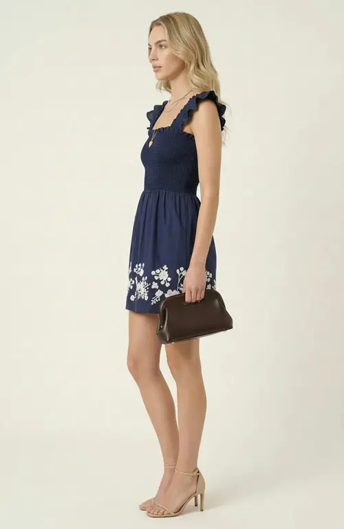 MODENAIRE Smocked Floral Embroidered Mini Dress