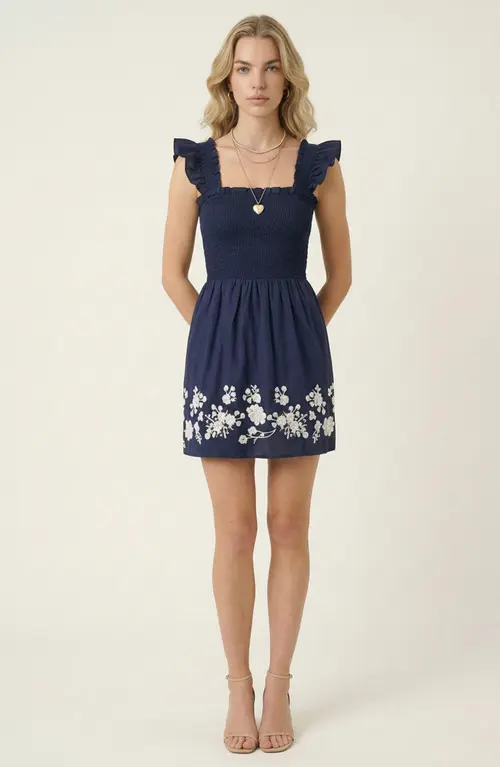 MODENAIRE Smocked Floral Embroidered Mini Dress