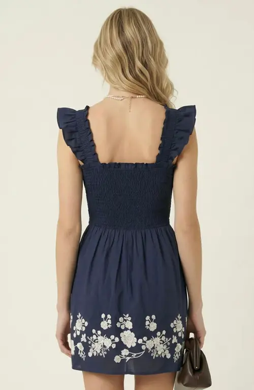 MODENAIRE Smocked Floral Embroidered Mini Dress