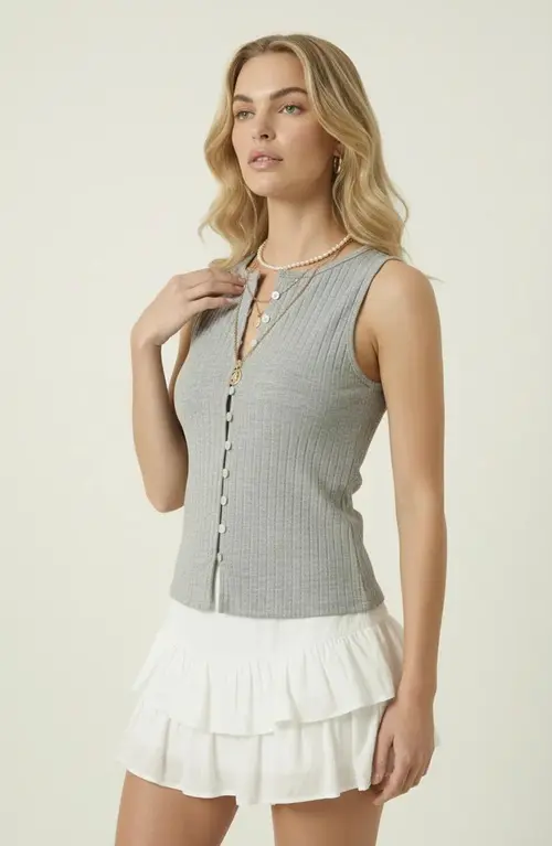 MODENAIRE Sleeveless Ribbed Knit Top With Off-center Button Front