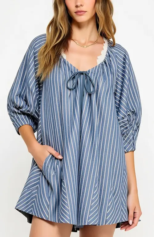 MODENAIRE Striped V-neck Romper With 3/4 Sleeves - Blue Striped