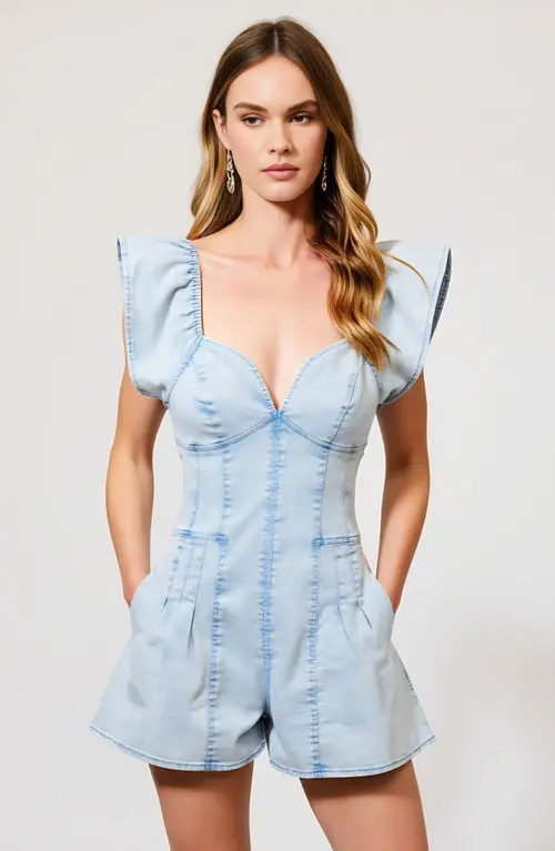 MODENAIRE Structured Zip Front Romper With Flutter Sleeves - Light Blue