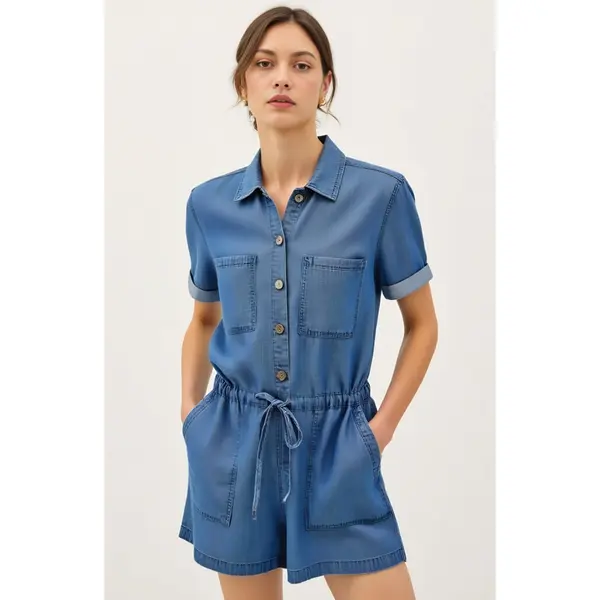 MODENAIRE Utility Denim Romper With Pockets - Denim Blue