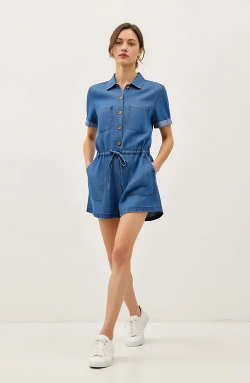 MODENAIRE Utility Denim Romper With Pockets
