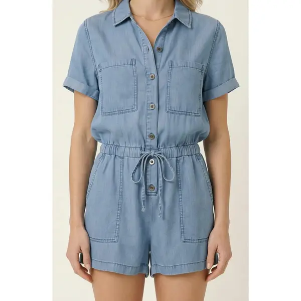 MODENAIRE Utility Denim Romper With Pockets - Denim Blue