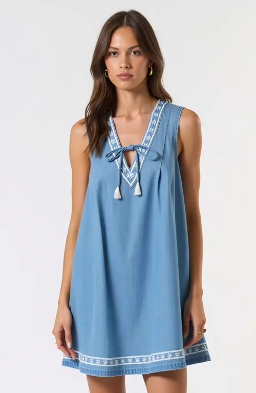 MODENAIRE Sleeveless Mini Dress With Embroidered Trim - Blue
