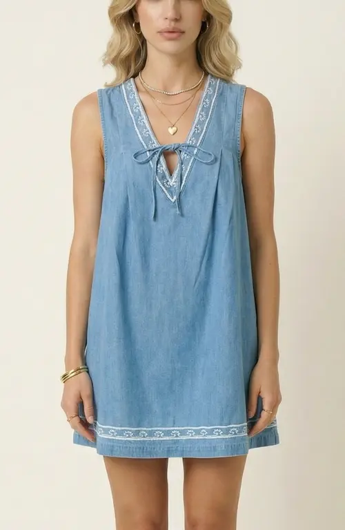 MODENAIRE Sleeveless Mini Dress With Embroidered Trim - Blue
