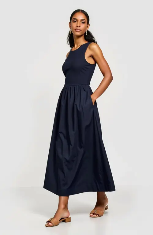 MODENAIRE Sleeveless Fit-and-flare Maxi Dress With Seam Waist And Side Pockets - Navy Blue