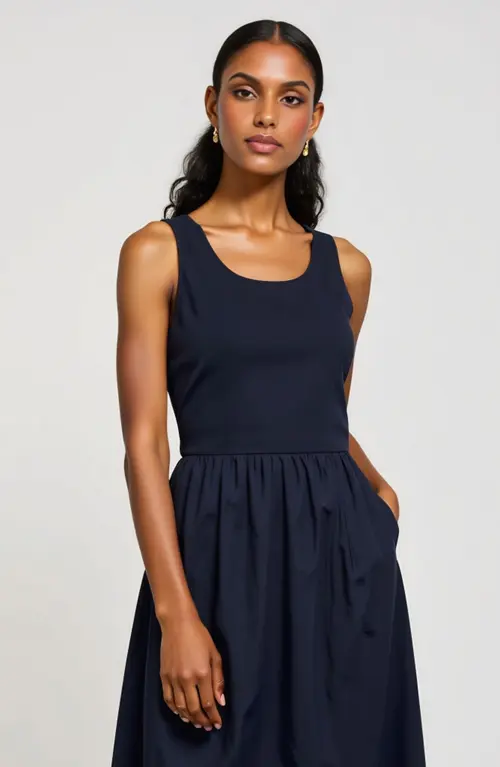 MODENAIRE Sleeveless Fit-and-flare Maxi Dress With Seam Waist And Side Pockets - Navy Blue