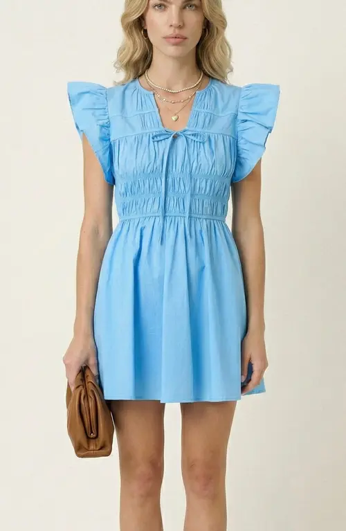 MODENAIRE Smocked Mini Dress With Ruffle Sleeves - Blue