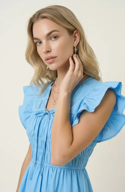 MODENAIRE Smocked Mini Dress With Ruffle Sleeves