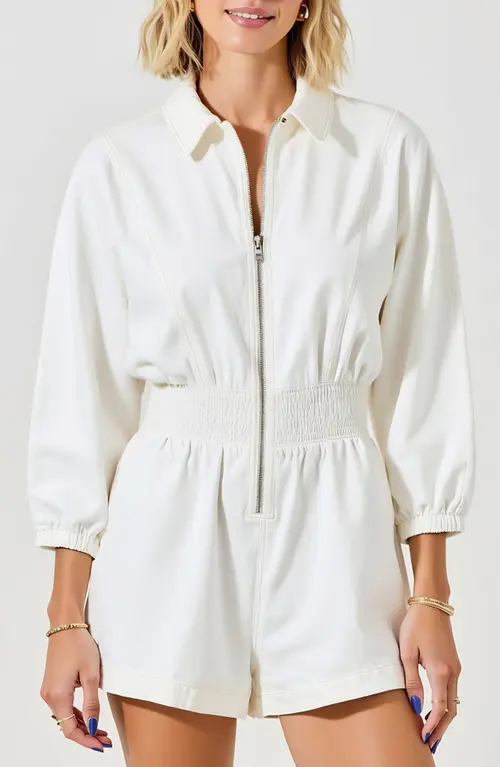 MODENAIRE Zip Front Long Sleeve Romper With Elastic Waist And Collar Detail - White