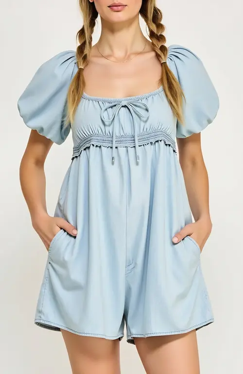 MODENAIRE Puff Sleeve Romper With Tie Front And Relaxed Fit - Light Blue
