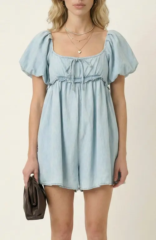 MODENAIRE Puff Sleeve Romper With Tie Front And Relaxed Flowy Fit - Light Blue