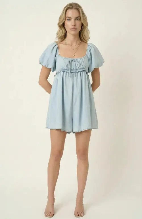 MODENAIRE Puff Sleeve Romper With Tie Front And Relaxed Fit