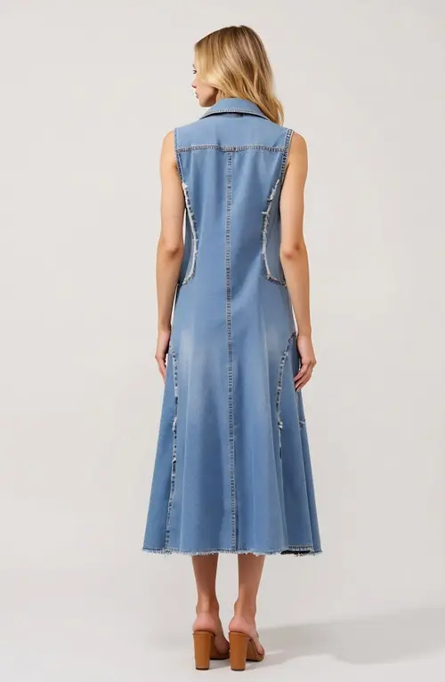 MODENAIRE Sleeveless Denim Midi Shirt Dress With Frayed Seams
