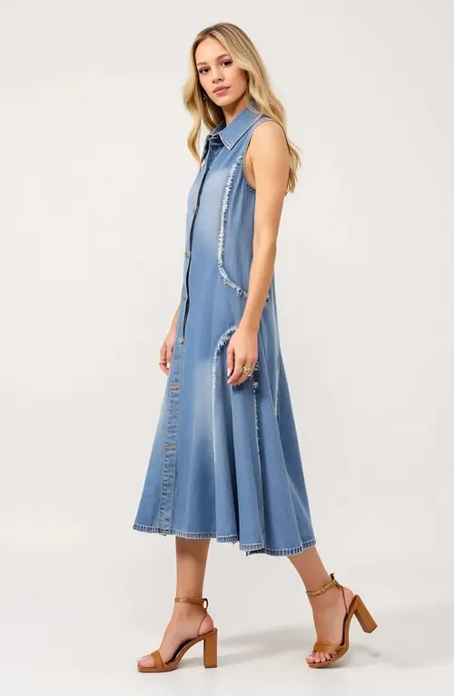MODENAIRE Sleeveless Denim Midi Shirt Dress With Frayed Seams