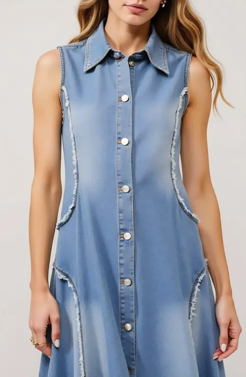 MODENAIRE Sleeveless Denim Midi Shirt Dress With Frayed Seams