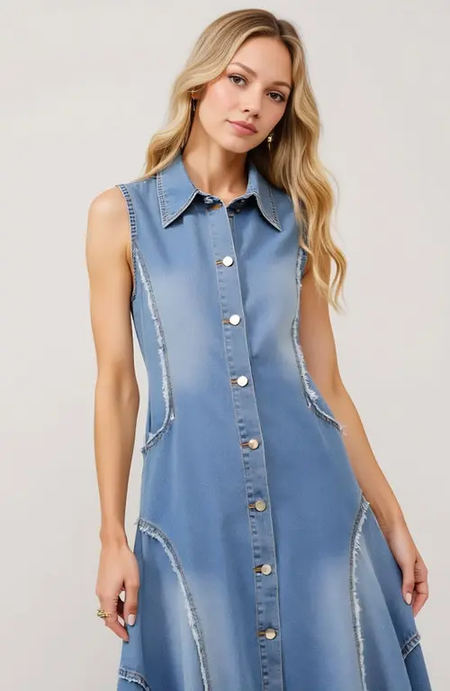 MODENAIRE Sleeveless Denim Midi Shirt Dress With Frayed Seams