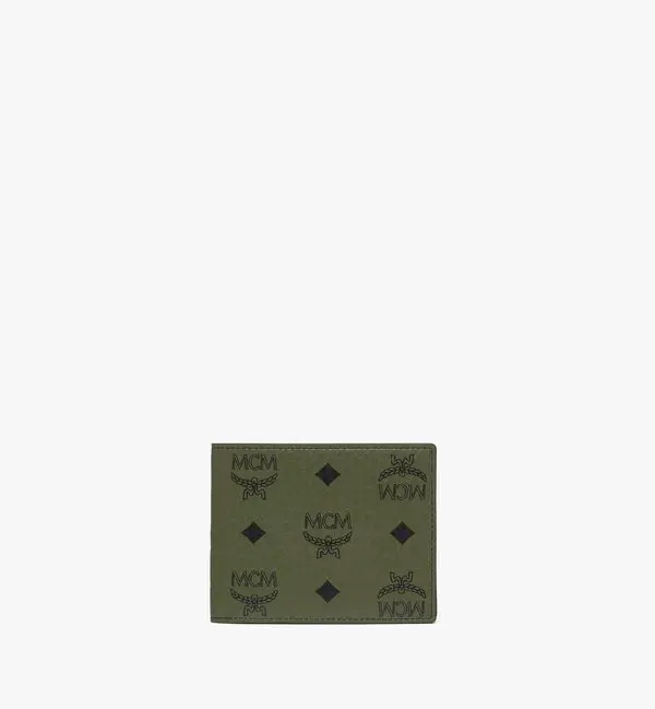 Mcm Aren Bifold Wallet With Card Case In Visetos - Khaki Moss