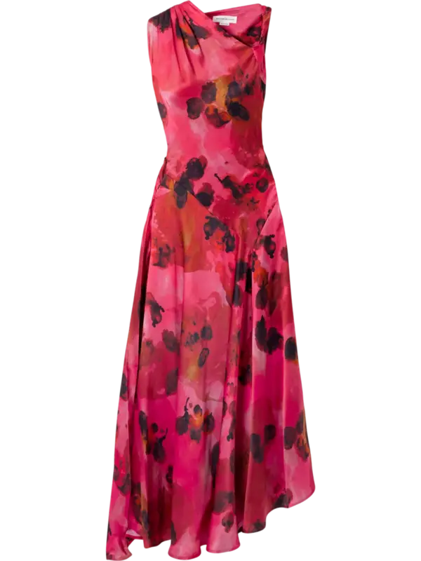 Victoria Beckham Draped Floral-print Silk-satin Midi Dress - Red